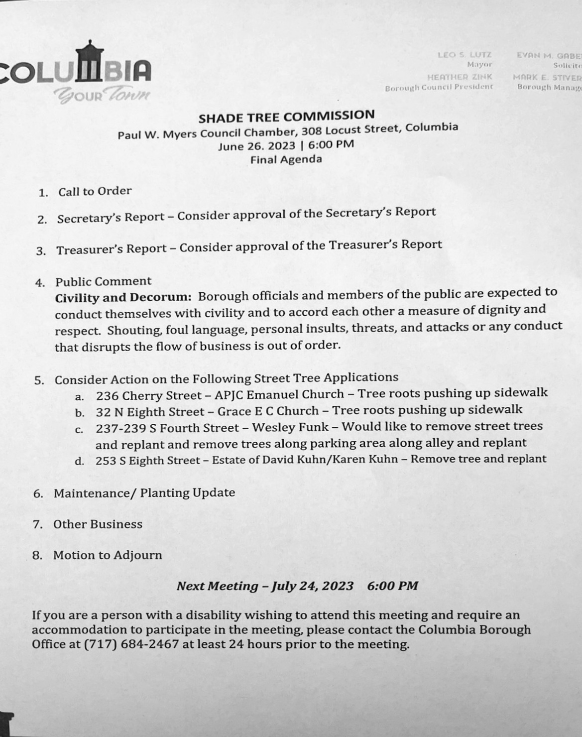 Agenda – Shade Tree Commission Meeting – June 26, 2023 – Columbia Spy
